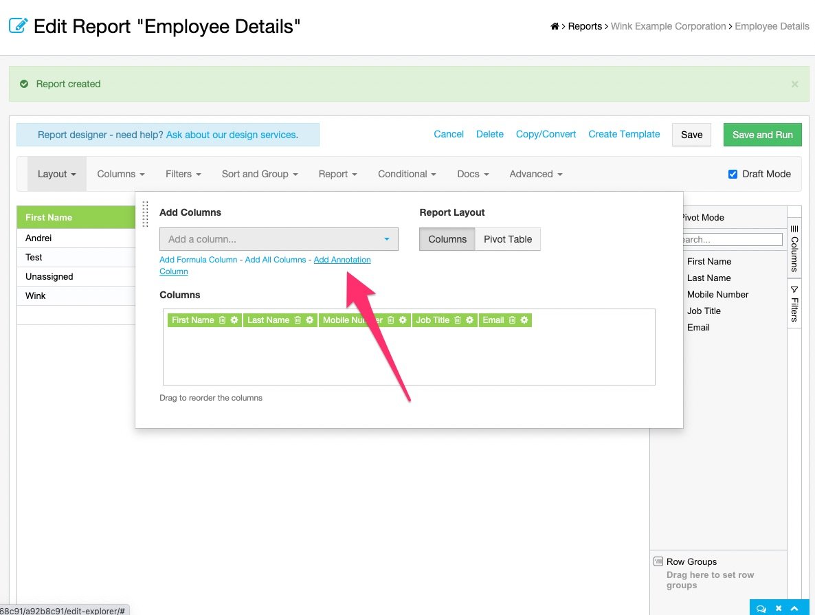 How to Annotate Data on a Wink Report